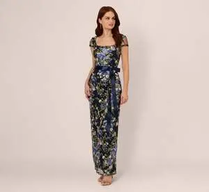 Adrianna Papell Embroidered Floral Cap Sleeve Column Gown