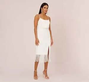 Adrianna Papell Crepe Popover Midi Dress With Fringe Trim - Ivory