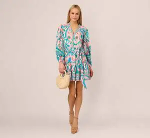 Adrianna Papell Long Sleeve Retro Printed A-line Mini Dress - Peach Multi