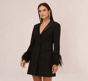 Adrianna Papell Knit Crepe Long Sleeve Blazer Dress With Feather Trim - Black