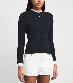 Sandro Ribbed Contrast Trim Logo Sweater - Blue