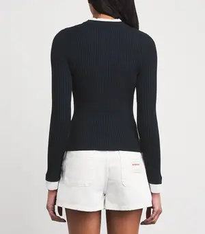 Sandro Ribbed Contrast Trim Logo Sweater - Blue