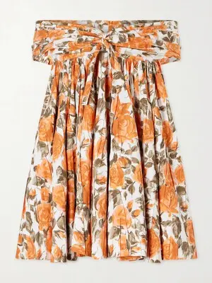 Chloé Off-the-shoulder Gathered Floral-print Mini Dress - Orange