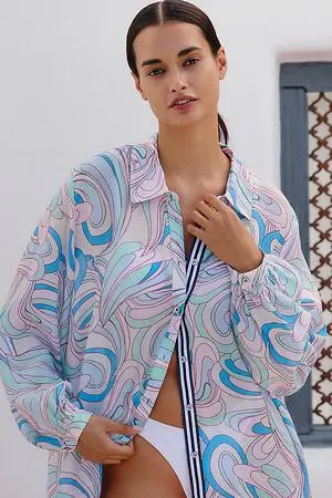 CELANDINE Puff-sleeve Longline Button-down Shirt - Blue Pattern