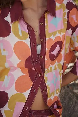 CELANDINE X Holly Clarke Len-blend Short-sleeve Buttondown Shirt - Pink Pattern