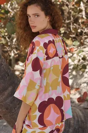 CELANDINE X Holly Clarke Len-blend Short-sleeve Buttondown Shirt - Pink Pattern