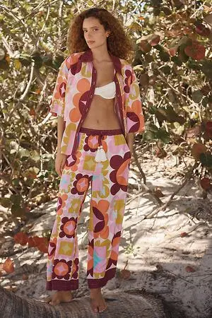 CELANDINE X Holly Clarke Wide-leg Linen-blend Pants - Pink Pattern