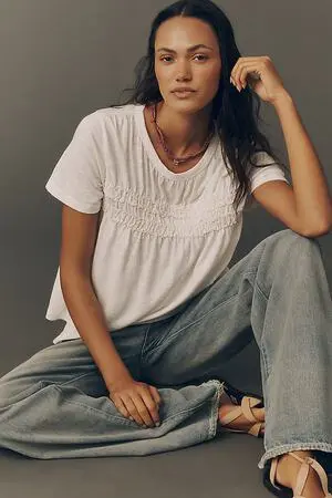 PILCRO Short-sleeve Smocked T-shirt - Cloud Dancer