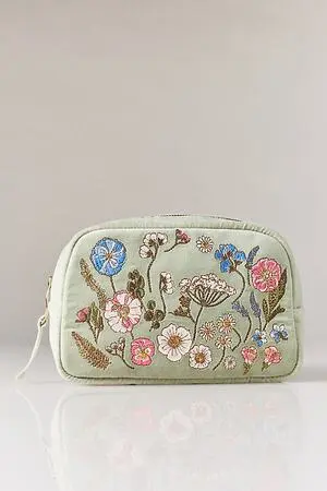 ELIZABETH SCARLETT Embroidered Velvet Makeup Bag Pressed Flowers