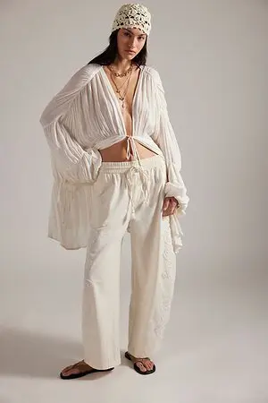 Free People Embroidered Pull-on Barrel Pants - White Ivory