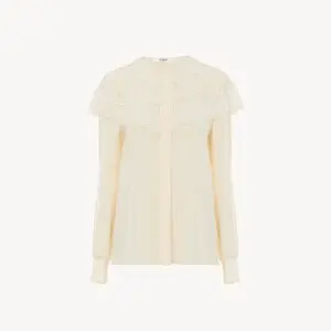 Chloé Gathered Blouse In Crêpe De Chine & Lace - Pristine White