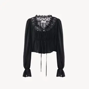 Chloé Cropped Georgette & Lace Top - Black