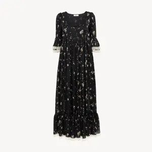 Chloé Scoop-neck Midi Dress With Lace Trims - Black