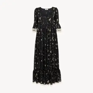 Chloé Scoop-neck Midi Dress With Lace Trims - Black