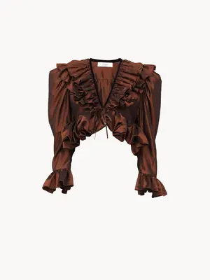 Chloé Cropped V-neck Ruffle Top - Plain Brown