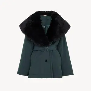 Chloé Short Coat With Faux Fur Collar - Dark Pine