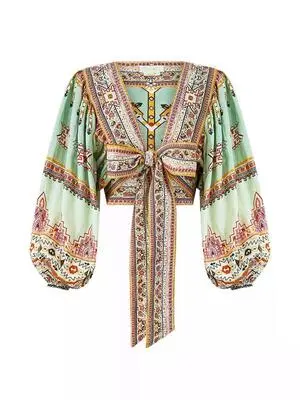 Camilla Blouson Sleeve Tie Front Top - Green
