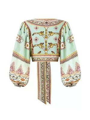 Camilla Blouson Sleeve Tie Front Top - Green