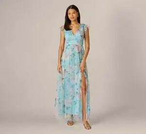 Adrianna Papell Floral Print Tulle Maxi Dress With Flutter Sleeves - Blue Multi