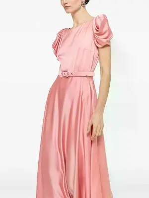 NISSA Belted Midi Dress With Puff Sleeves - Pink