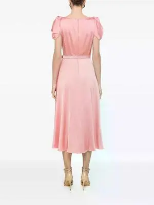 NISSA Belted Midi Dress With Puff Sleeves - Pink