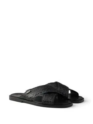 Prada Woven Leather Crisscross Slides - Black