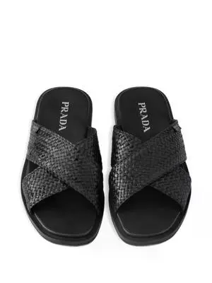 Prada Woven Leather Crisscross Slides - Black