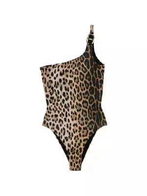 Moschino Leopard-print One-shoulder Swimsuit With O-ring - Neutrals