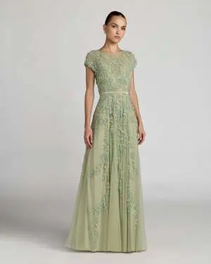 Mac Duggal Floral Embellished Cap Sleeve Gown - Green