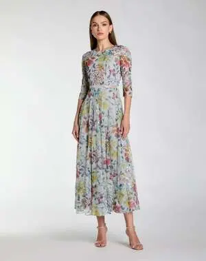 Mac Duggal Floral Midi Dress With 3/4 Sleeves
