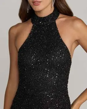 Mac Duggal Embellished Halter Neck Open Back Column Gown - Black