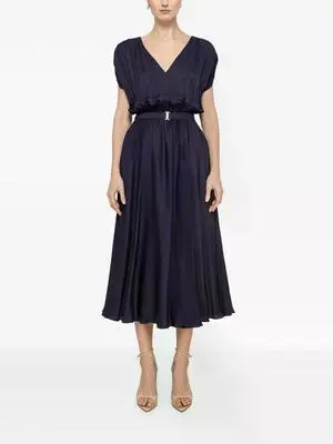 NISSA Belted V-neck Midi Dress - Blue