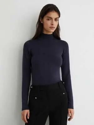 ATELIER Silk-blend Mock-neck Top - Navy