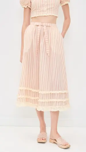 For Love & Lemons Naomi Midi Skirt With Lace Trim