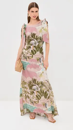 ISLA & WHITE Nelda Maxi Dress Tropical Print Silk