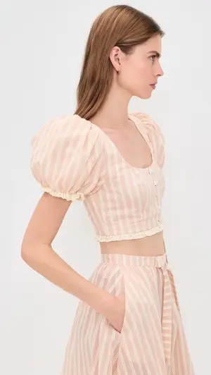 For Love & Lemons Naomi Crop Top With Puff Sleeves And Lace Trim