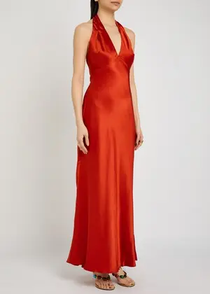 REFORMATION Daniela Halterneck Silk Dress - Red
