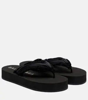 Balenciaga Cushy Fringed Satin Platform Thong Sandals