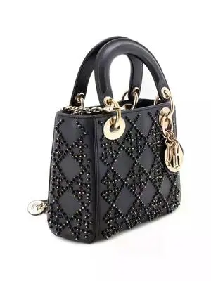 Dior Lady Chain Bag Crystal Embellished Cannage Quilt Leather Mini Satchel - Black