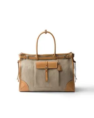 Prada Linen And Leather Tote Bag - Neutral