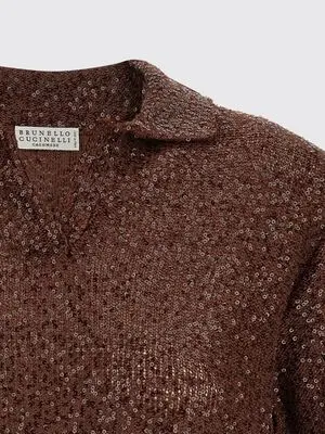 Brunello Cucinelli Sequined Linen Cashmere And Silk Polo Shirt - Brown