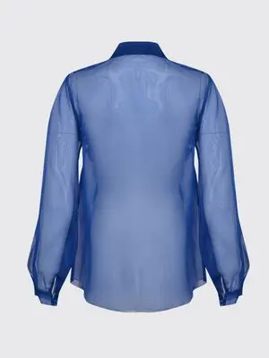 H COUTURE Hanita Long Sleeve Silk Shirt With Ruffle Detail And French Collar - Blue