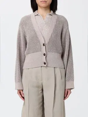 Brunello Cucinelli Perforated Cotton Cardigan With Sequins - Sand