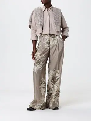 Brunello Cucinelli Wide-leg Silk Trousers With Floral Print - Kaki