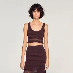 Sandro Pointelle Knit Crop Top - Brown