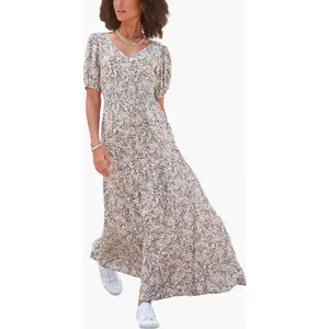 LASCANA Floral Print V-neck Maxi Dress - Grey Multi