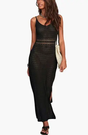 LASCANA Crochet Maxi Dress Cover Up - Black