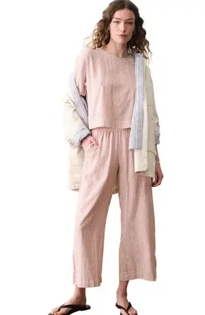 Marine Layer Allison Stripe Pull-on Crop Wide Leg Hemp Blend Pants - Rust Stripe