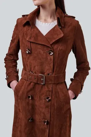 FURNIQ UK Soho Suede Trench Coat - Chestnut