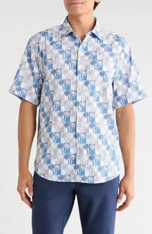 Tommy Bahama Nova Wave Sunnyside Palms Short Sleeve Seersucker Button-up Shirt Blue Lapis